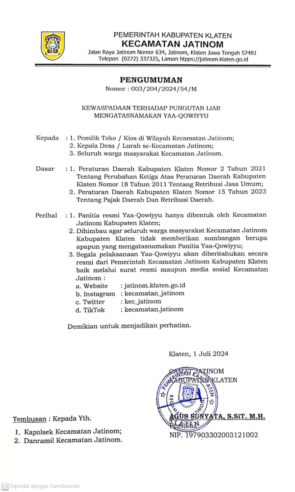 SURAT EDARAN PERIHAL PUNGLI YANG MENGATASNAMAKAN YAA QOWIYYU ...